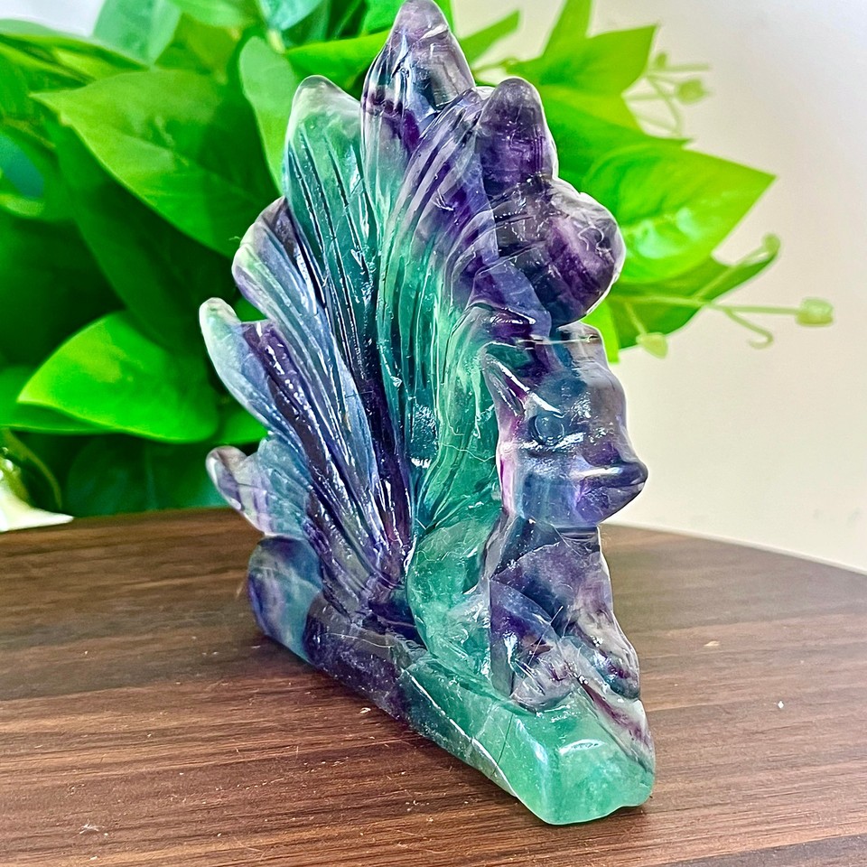 1.41LB High quality fluorite crystal nine tailed fox hand carved ...