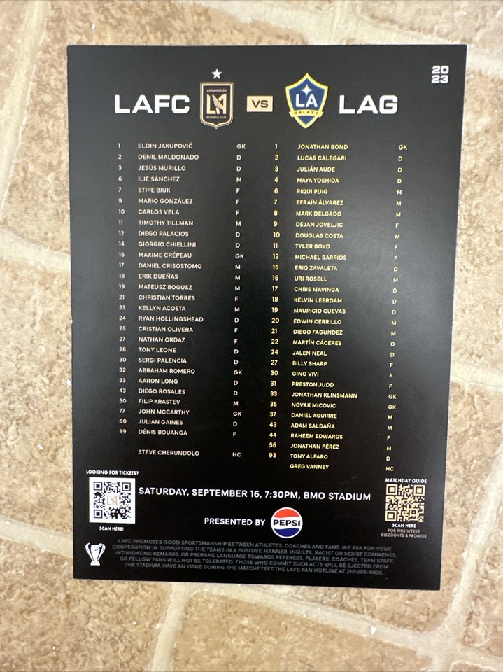 LAFC Los Angeles Football Club vs LA Galaxy 9/16/23 Lineup Line-up Card ...