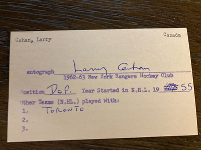 Larry Cahan New York Rangers signed autographed Hockey 3x5 index card ...