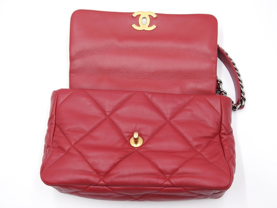 Auth CHANEL 19 Large Flap Chain Shoulder Bag Lambskin Leather Red ...