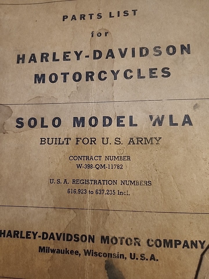 Original Harley Davidson WLA 45" Solo Army Parts List,Parts Boxok ...