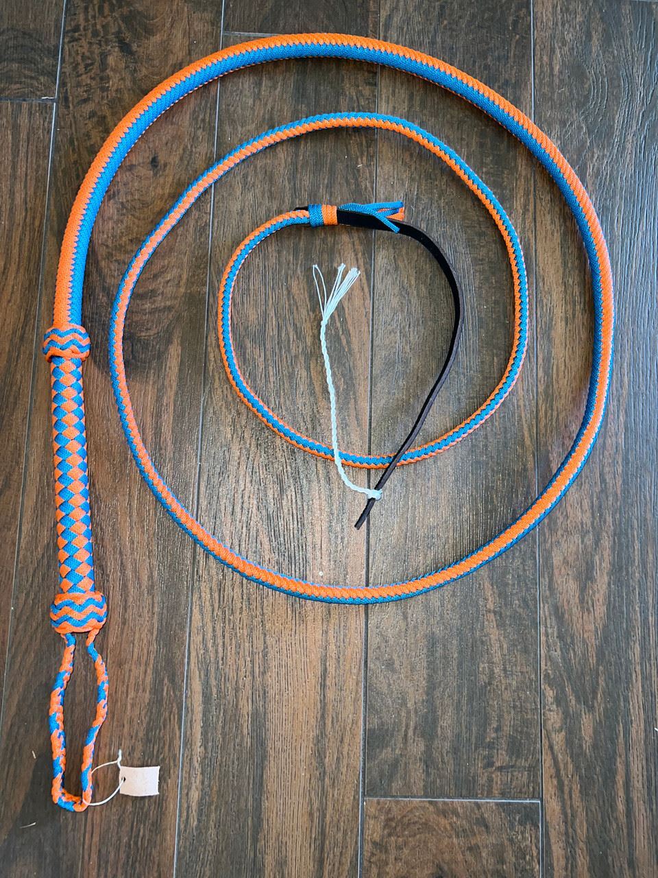 Bull Whip - Blue & Orange Paracord Nylon on Leather 16 Ply - 8ft ...