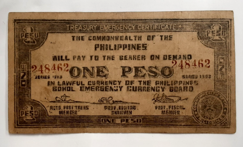 1943 Issue WW2 Philippines/Bohol 1 Peso Emergency Banknote P# S139b VF+ ...