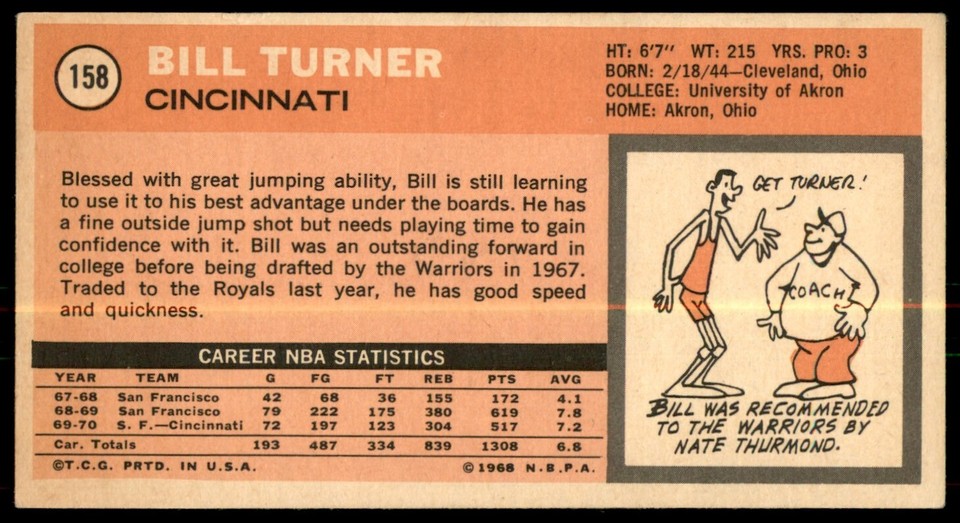 1970-71 Topps Basketball Bill Turner (A) Cincinnati Royals #158 | eBay