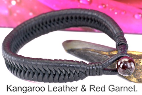 HANDMADE Kangaroo Leather Red Garnet Gemstone Wristband Men Bracelet 3B ...