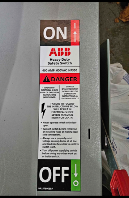 ABB THF3365A1 400A FUSED SAFTEY DISCONNECT SWITCH 3P 600V 350hp TYPE 1 ...