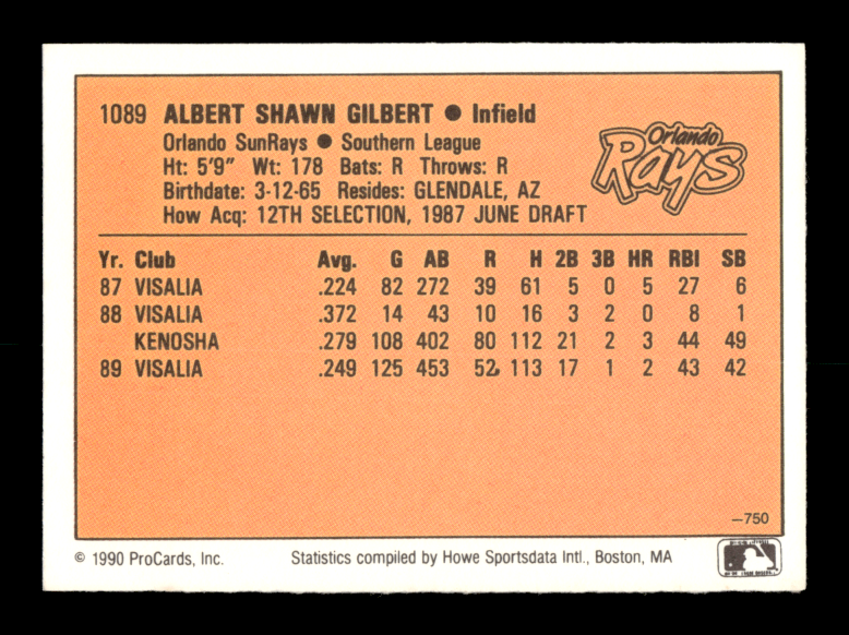 1990 ProCards # 1089 Shawn Gilbert (ML) Orlando SunRays Minnesota Twins ...