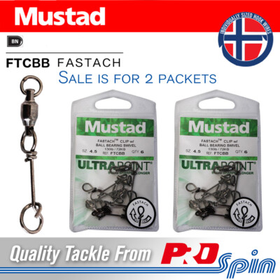 2 Packs Mustad Fastach Clips + Ball Bearing Swivel FTCBB - Choose Size ...