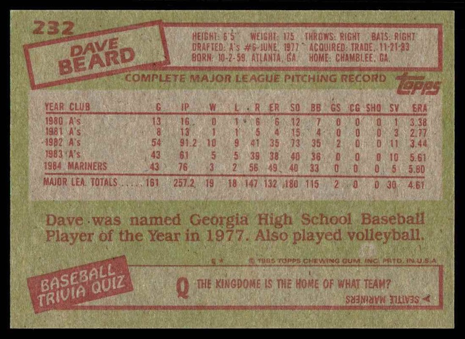 1985 Topps Dave Beard Seattle Mariners #232 21688 | eBay