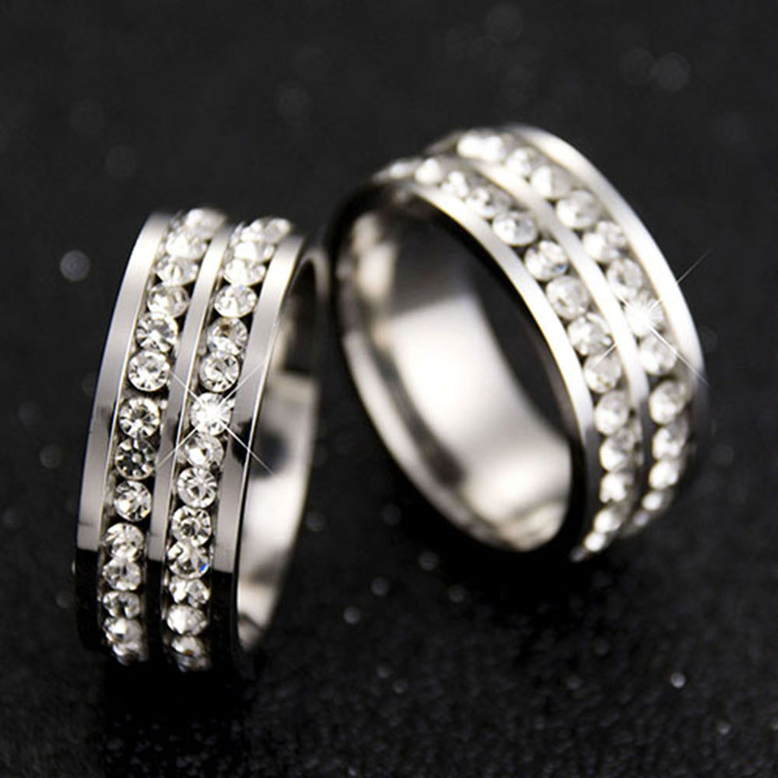 Unisex Ring Exquisite Fadeless Double Rows Rhinestone Ring Titanium Steel | eBay