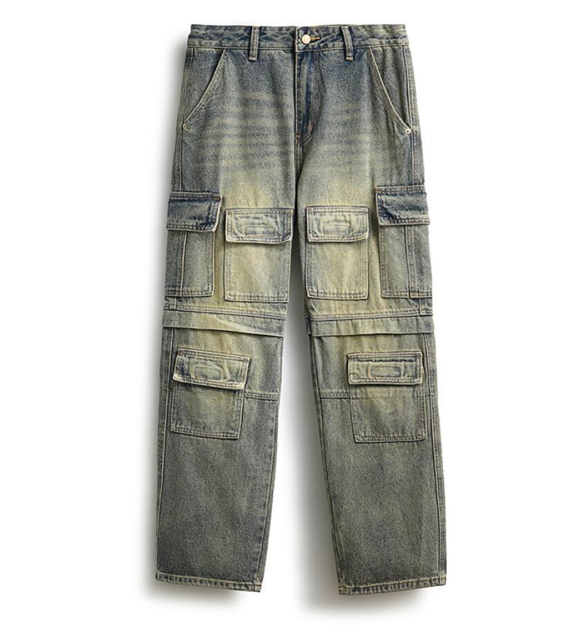 Men's Retro Blue Denim Jeans Straight Leg Pockets Punk Hip Hop Pants ...