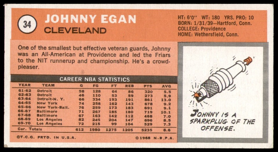 1970-71 Topps Johnny Egan Cleveland Cavaliers #34 EX-EXMT | eBay