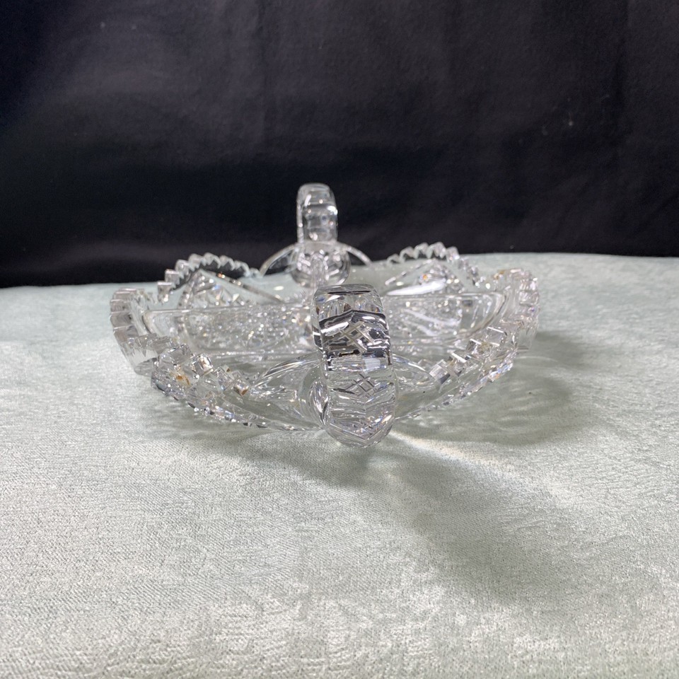 2 Handle Nappy Divided Dish American Brilliant Period Cut Glass Hobstar ...