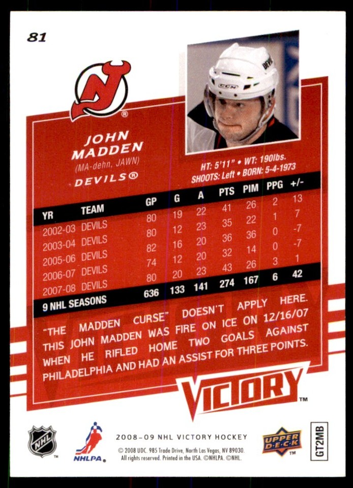 2008-09 Upper Deck Victory John Madden New Jersey Devils #81 LP | eBay