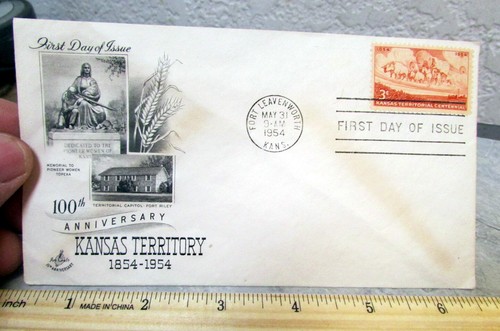 Vintage USA stamp first day cover envelope, 1954 100th anniv Kansas ...