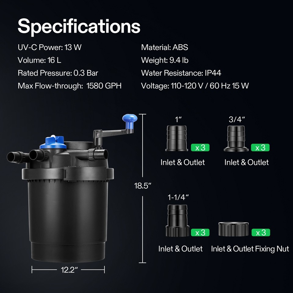 VIVOGROW 1580GPH 1600 Gal Pressure Bio Pond Filter Koi Fish Filter UV ...