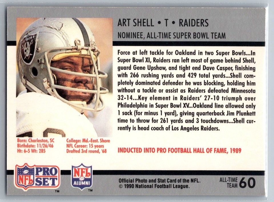 1990 NFL Pro Set Super Bowl XXV Silver Anniversary #60 Art Shell NFL ...