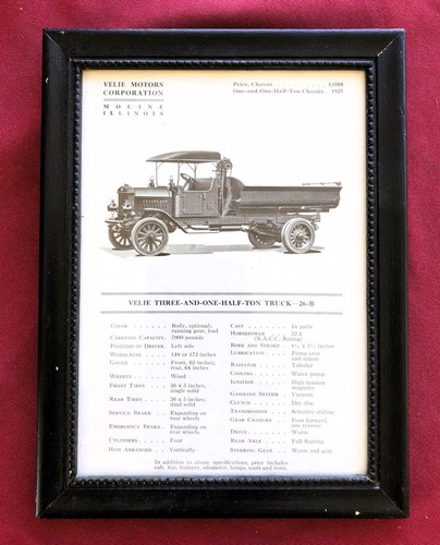 1926 VELIE MOTORS 3 1/2 TON TRUCK ADVERTISING SPECIFICATION SHEET ...