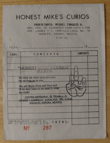 Honest Mike's Curios Sales Receipt, Nogales, Sonora, Mexico. Not used ...