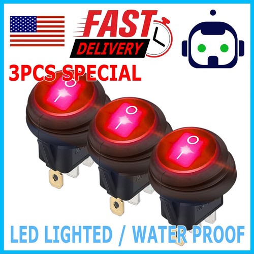 3PC M1 Red LED Light 12V 20A Car Auto Boat Round Rocker Waterproof ...
