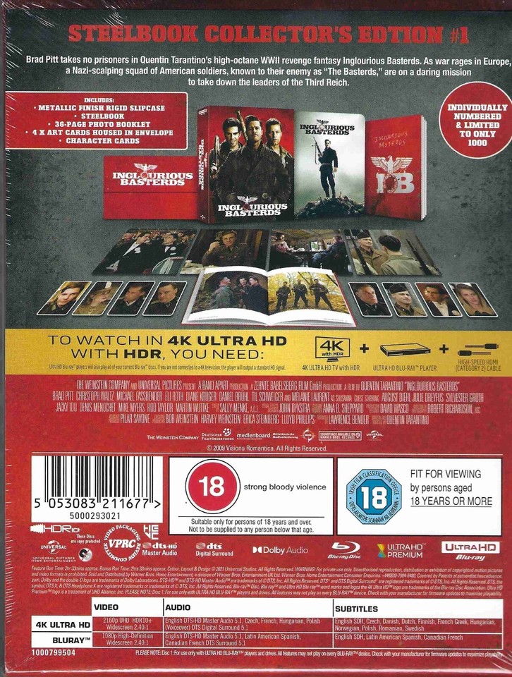 Inglourious Basterds 2-Disc Limited Collector's Edition 4K SteelBook w ...