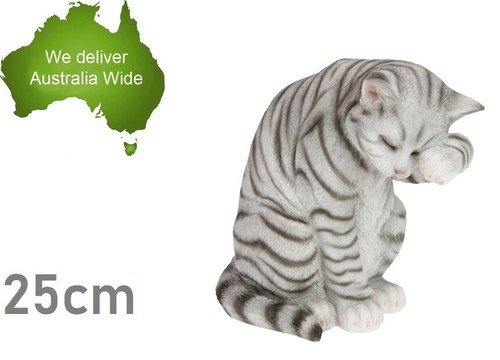 25cm Sittting Grey Cat Scratching Face Ornament Statue Garden Sculpture ...