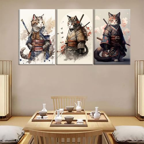 3Pcs Framed Japanese Samurai Cats Wall Art Vintage Cool Cat Posters ...