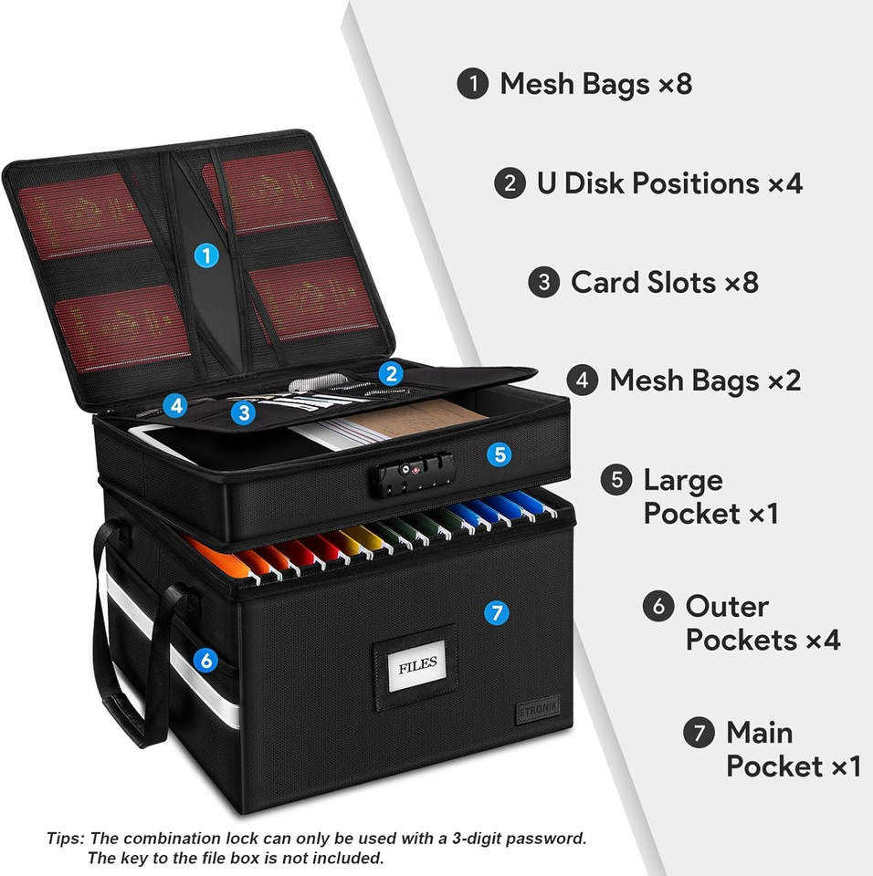 Fireproof Document Box with Lock, 2 Layer File Cabinet Organizer with 5 ...