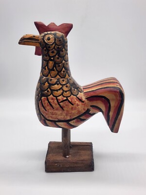 Vintage Wooden Hand Carved Painted Rooster Chicken Folk Art Primitive ...