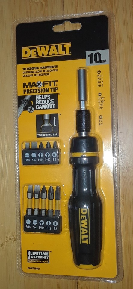 New Tough DeWalt MAX-FIT TELESCOPING SCREWDRIVER 10 PC Multi-Bit Set # ...