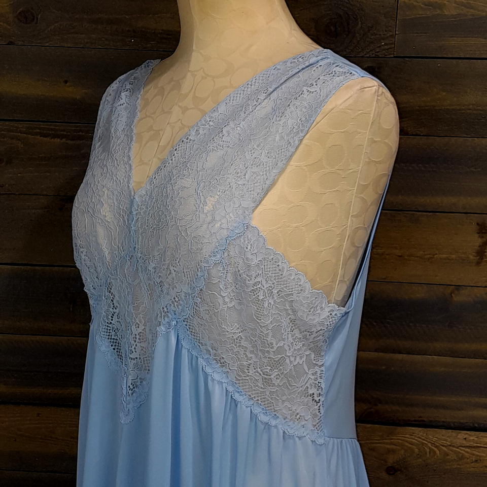 Miss Elaine Silk Essence Nightgown Womens L Blue Lace Bodice Semi Sheer ...