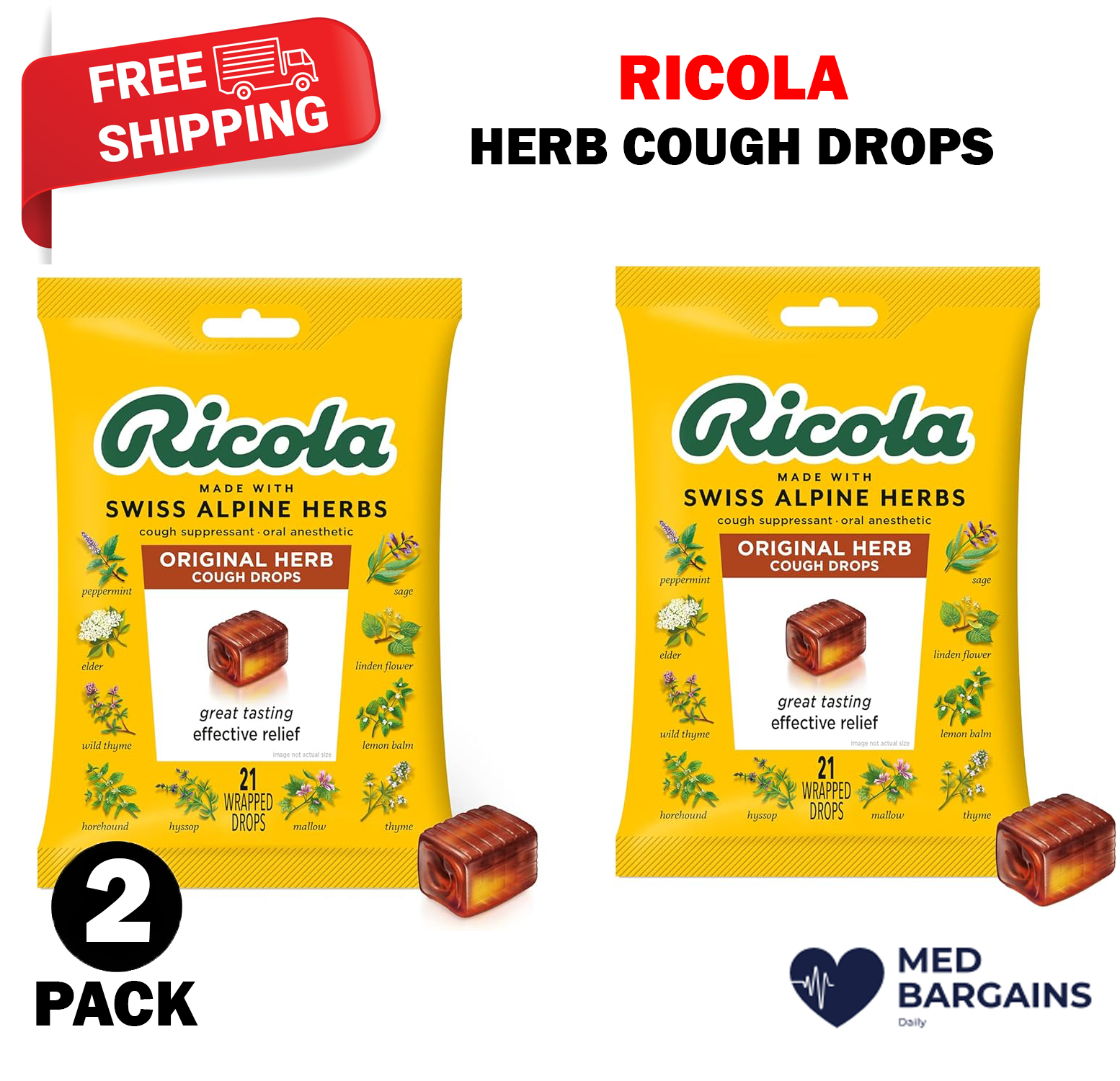 Ricola Original Herbal Cough Suppressant Drops 21 Wrapped Drops - 2 ...