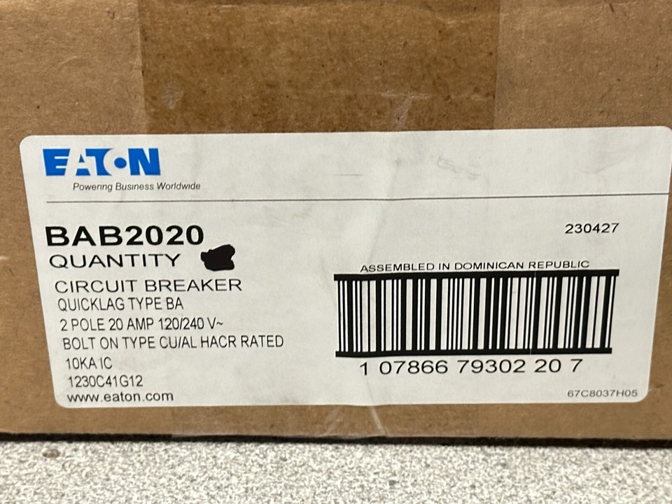 NEW Eaton BAB2020 Circuit Breaker 20A, 1-Phase, 120/240V, 2 Pole, Bolt ...