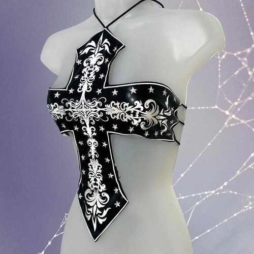 New XS Black White Cross Backless Halter Top Crop Blouse Sleeveless ...