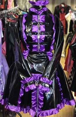 Misfitz black PVC & purple satin lockable Sissy Maids Dress. SIZE 18 ...