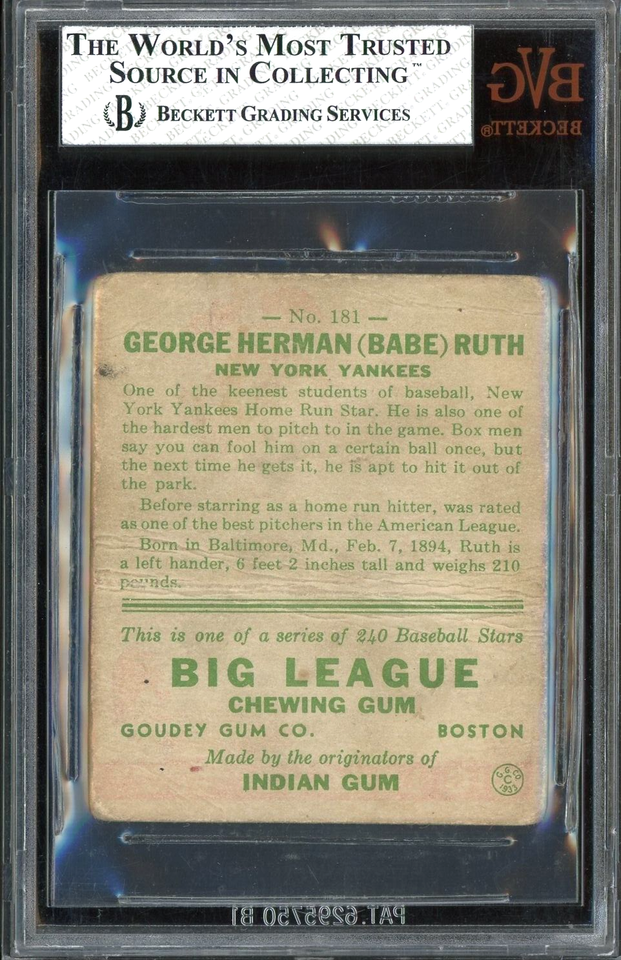 1933 Goudey Babe Ruth Card #181 Yankees - Certified BVG 1.5 (Fair ...
