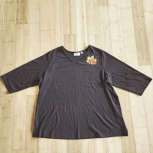 Quacker Factory Brown Fall Top Women's 1X Embroidered Leaf Autumn V ...
