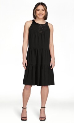 Time And Tru Sleeveless Tiered Cotton Dress With Crochet Trim XS Black ...
