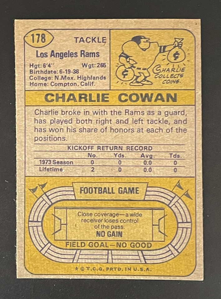 1974 Topps #178 Charlie Cowan Los Angeles Rams Vintage Football Card | eBay