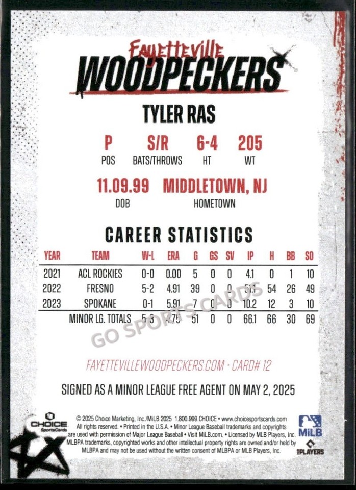 2025 Fayetteville Woodpeckers Tyler Ras RC Rookie Houston Astros Minor ...
