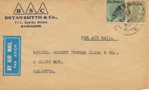1937 Commercial Air Mail cover, posted Rangoon, Burma. Calcutta receipt ...