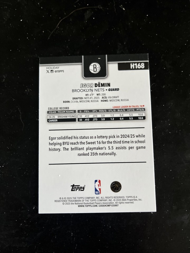 2025-26 Topps Holiday NBA Egor Demin LIGHT BLUE & WHITE GLITTER SP RC ...