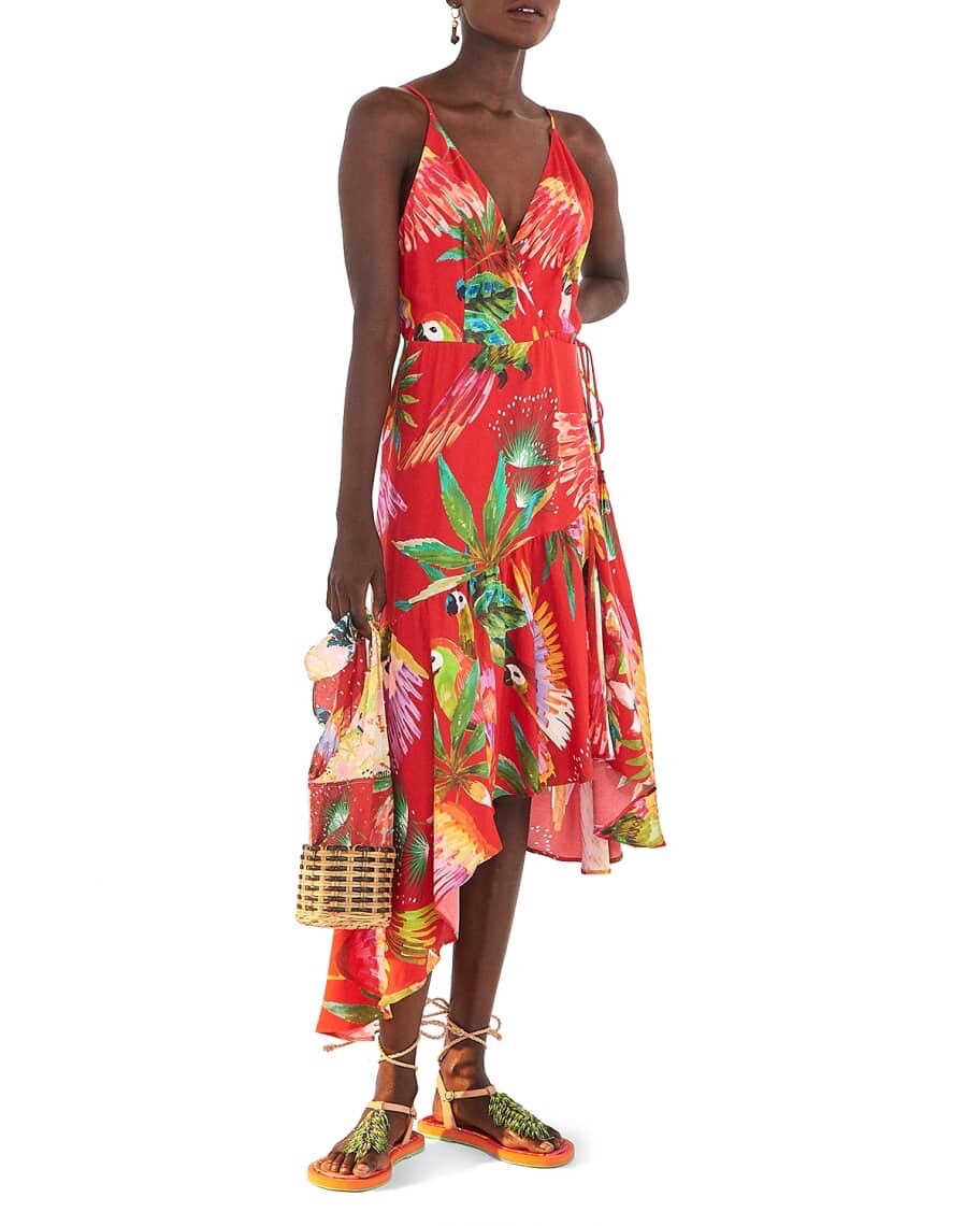 Farm Rio Red Macaw Wrap Midi Dress Size Medium Sleeve… - Gem