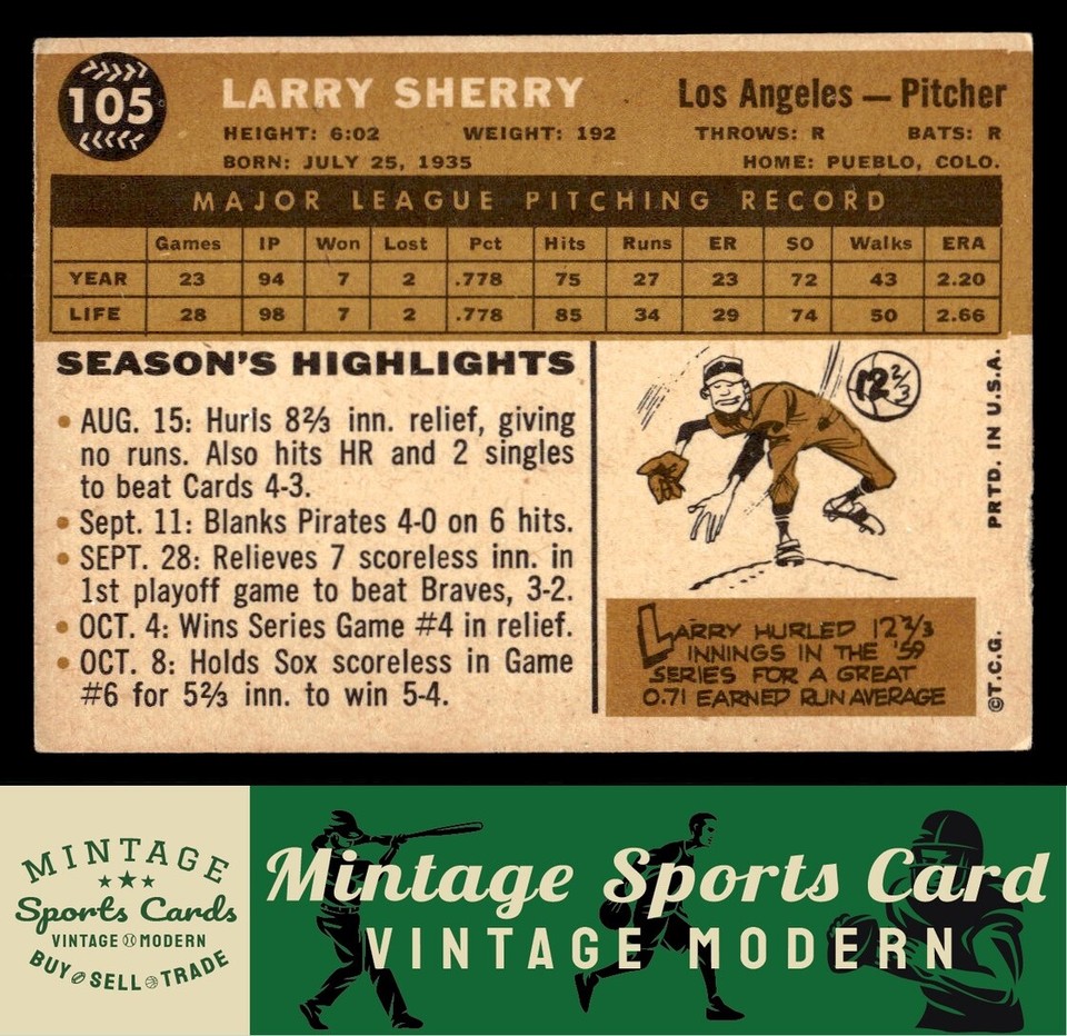 1960 Topps - Larry Sherry - Rookie RC #105 Los Angeles Dodgers | eBay