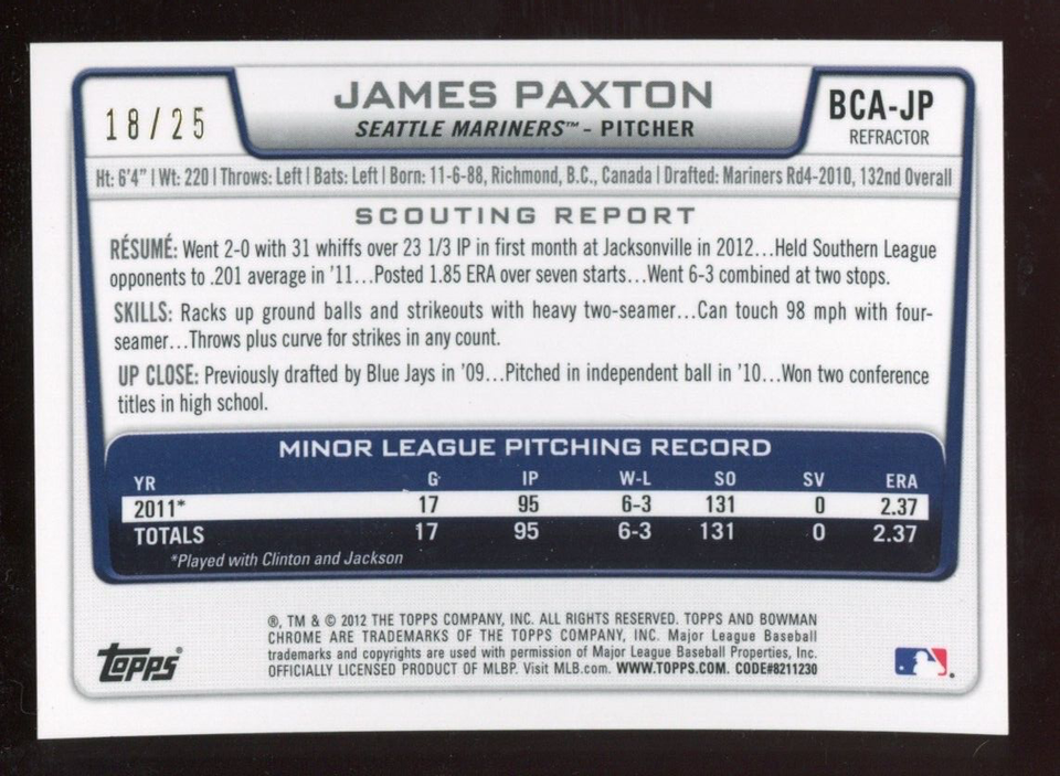 James Paxton 2012 Bowman Chrome Auto Rookie Orange Serial #d 18/25 ...