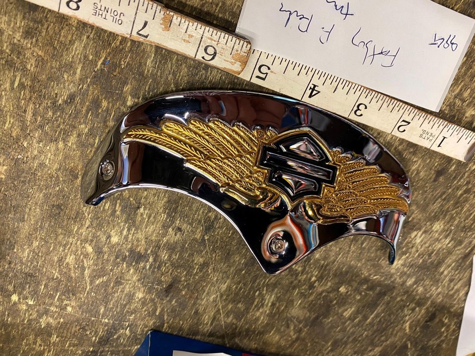 OEM Harley Davidson Chrome Gold Logo Wing Eagle Fender Tip Trim Fatboy ...