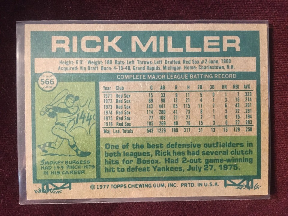 1977 Topps #566 Red Sox Rick Miller Baseball Card | eBay