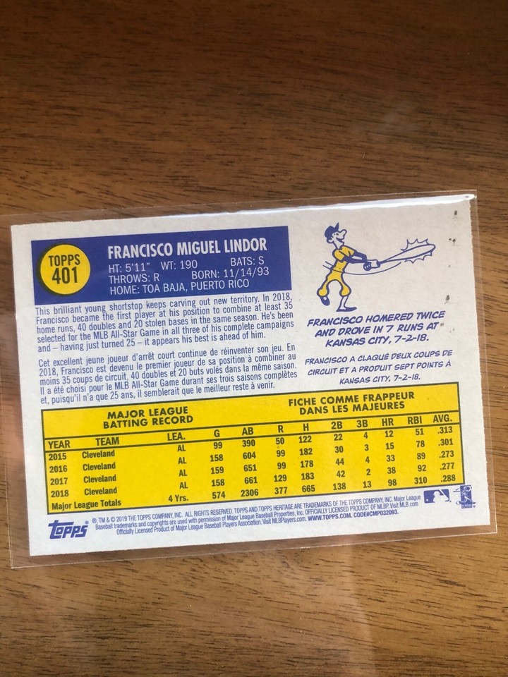 2019 Topps Heritage French Text OPC Back SP Variation Francisco Lindor ...