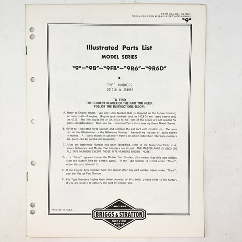 Vintage 1973 Briggs & Stratton Model 9 9B 9FB 9R6 9R6D Illustrated ...