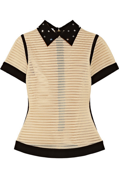 Moschino Scuba Mesh Top Rhinestone Black Collar Expose Gold Zipper USA ...